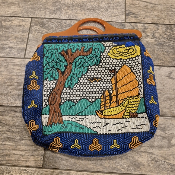 Bags | Vtg 4s 50s Beaded Scenic Handbag Amber Lucite Handle Art Deco ...
